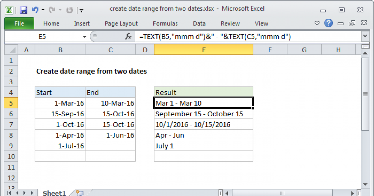 Create date range from two dates - Excel formula | Exceljet Create date range from two dates - Excel formula | Exceljet